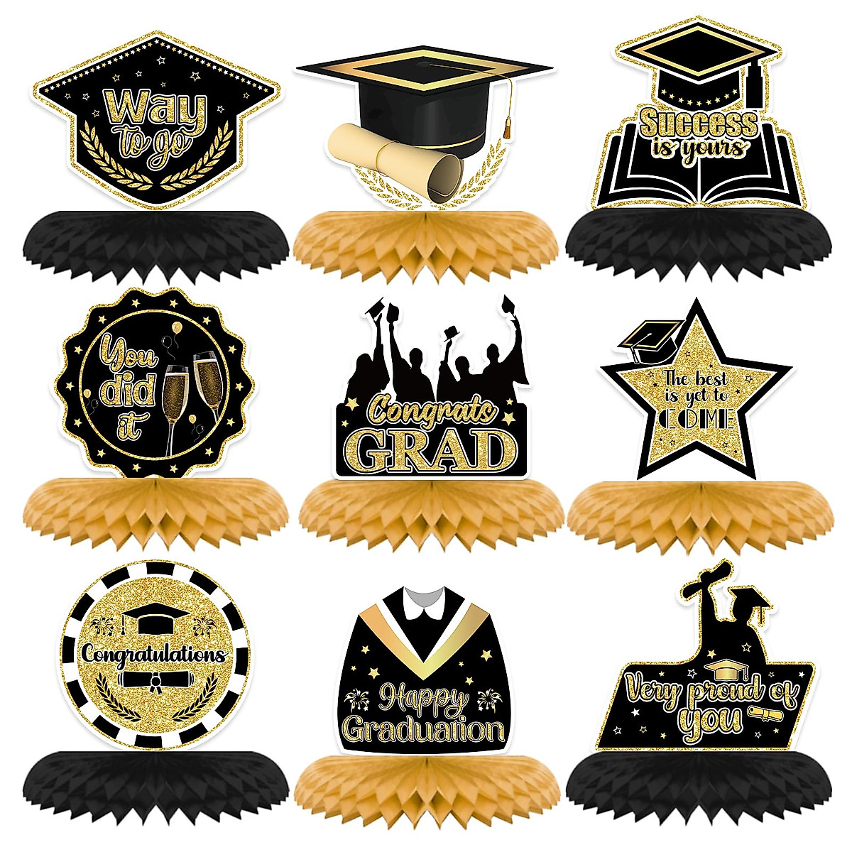 9PCS Graduation Party Decorations Class of 2024 Congrats Grad Table Centerpiece Congratulate Graduation Black and Gold Honeycomb Table Toppers for Graduation Party Supplies