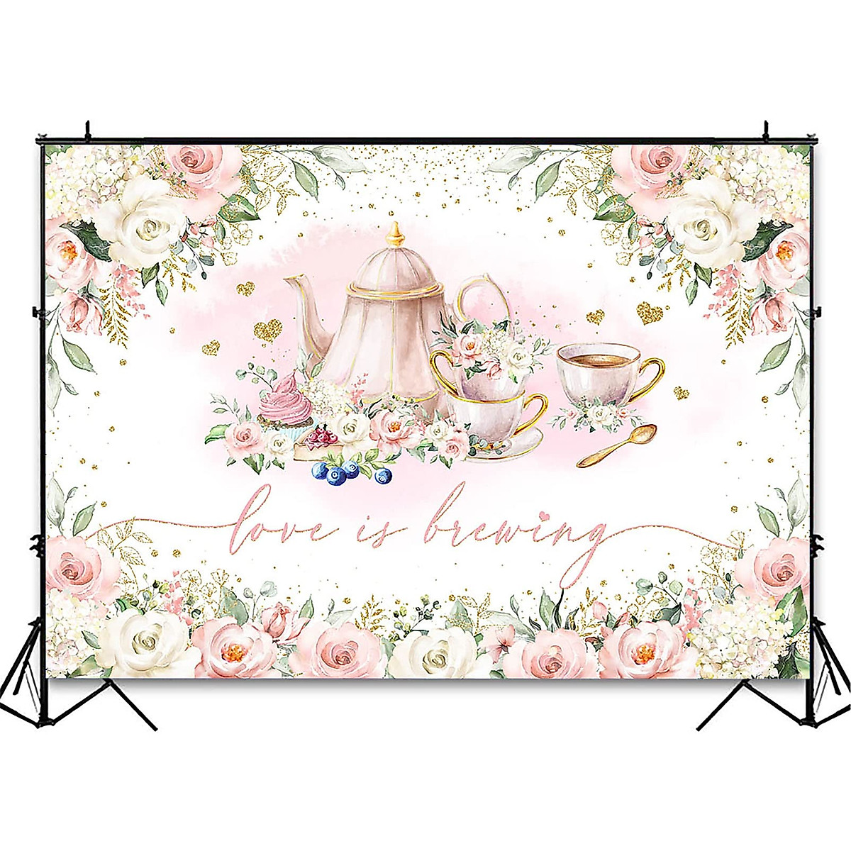 Avezano Love is Brewing Backdrop Wedding Bridal Shower Party Decorations Valentine's Tea Party Theme Photo Background Cake Table Banner (8x6ft)