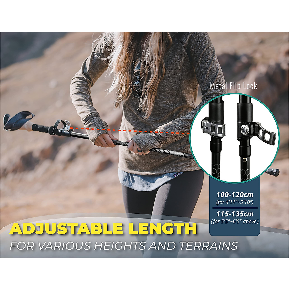 TREKOLOGY Trek-Z (Black 100-120cm) Trekking Hiking Poles / 6 pc Replacement Rubber Tips - Collapsible Folding Walking Sticks,Adjustable Quick Flip-Lock, Foldable Trekking Poles for Hiking.