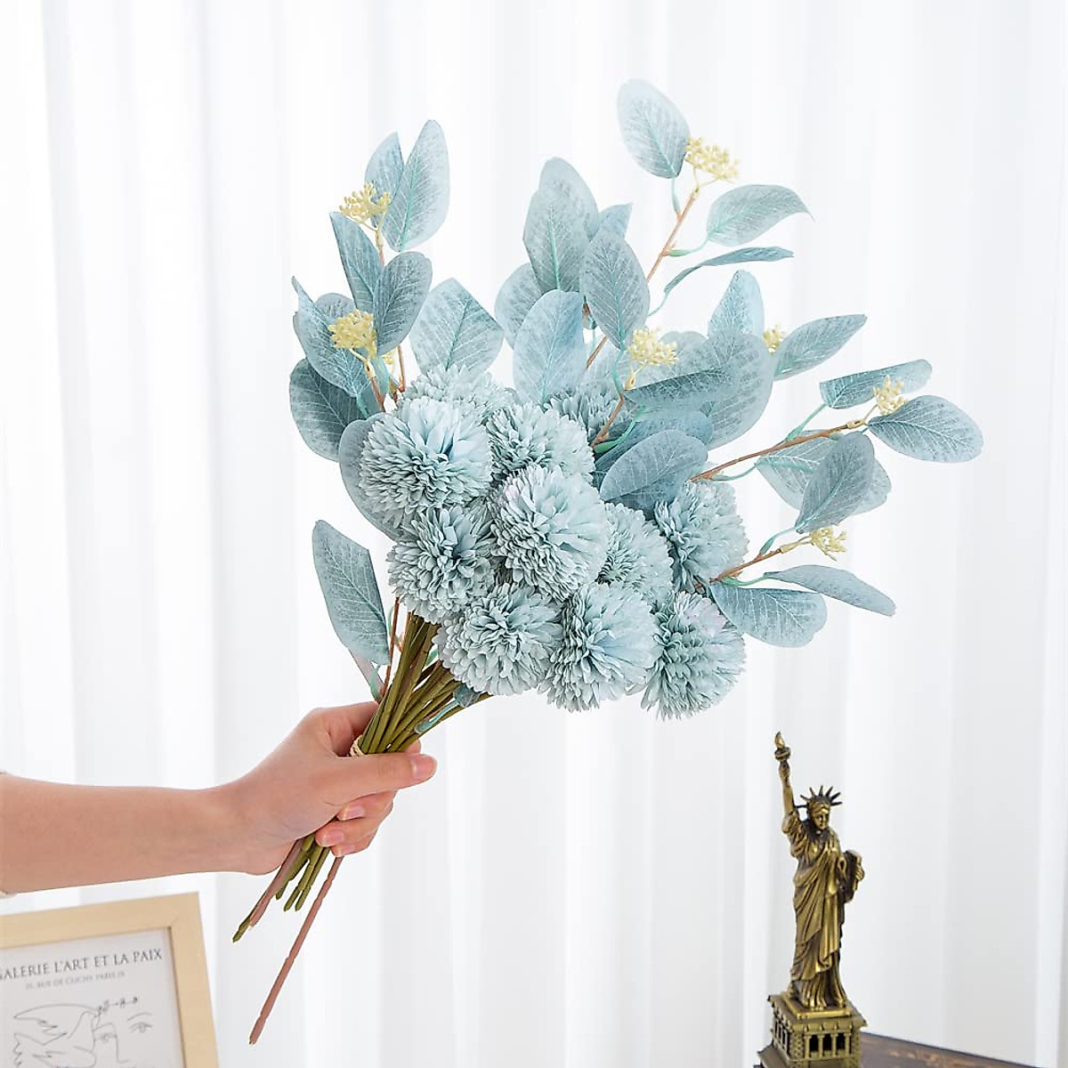 RUJIU 6 Pieces/lot Artificial Plants Fake Eucalyptus Leaves of Bouquet for Bride Home Table Garden Decoration (Light Blue)