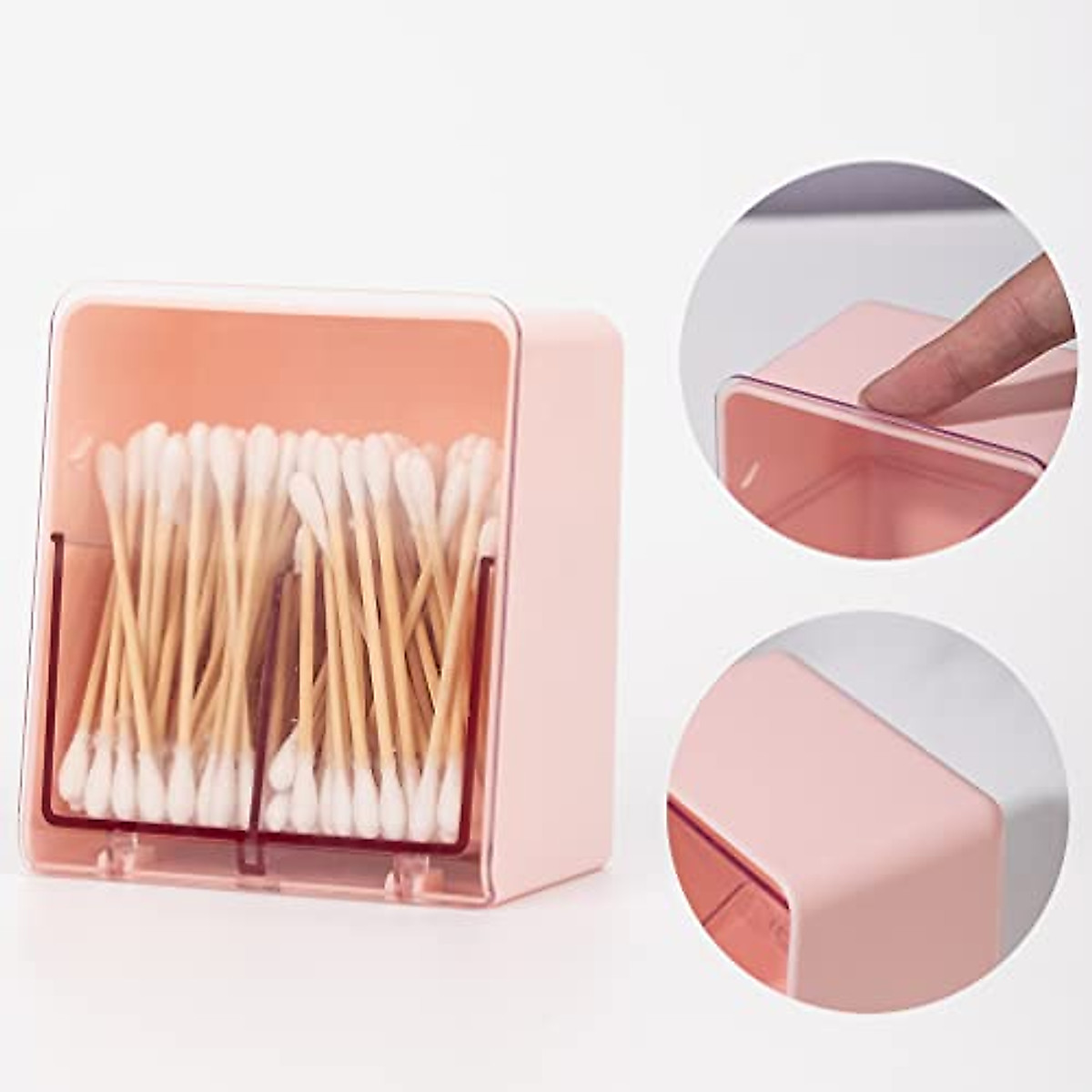 Obsoorth Qtip Cotton Pad Holder Dispenser Clear Cotton Ball and Swab Organizer Plastic Cotton Round Container Set with Hinged Lid Press Out for Home Bathroom Storage Small Things, 2 Sections (Pink)