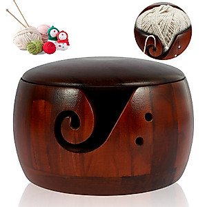 KOUISYY Wooden Yarn Bowl with Lid, Crochet Bowl for Yarn, 6in Round Knitting Yarn Holder Bowl with Carved Holes, Pine Wood Weaving Thread Bowl, Yarn Storage Bowl for Crocheting Accessories