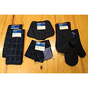 8-Piece Windowpane Jet Black Microfiber Kitchen Linen Set, Towels, Dish Cloths, Pot Holders, Oven Mitts