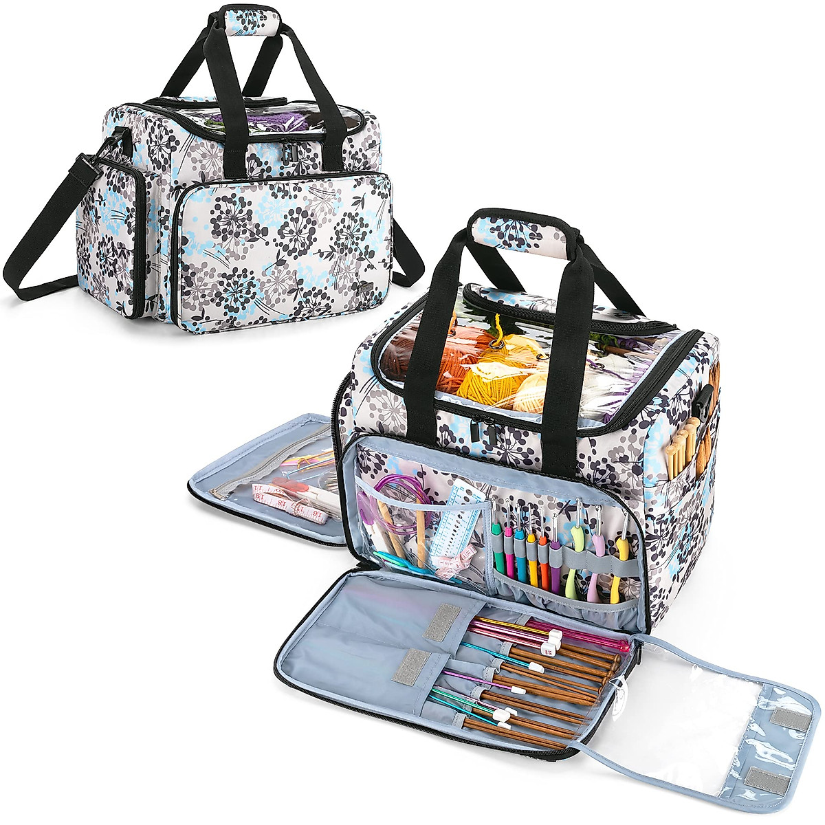 Teamoy Yarn Storage Bag, Travel Knitting Tote Bag with Foldable Inner Dividers for WIP, Yarn Skeins and Knitting Accessories, Purple