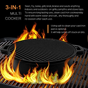GEDIAO 3IN1 Pre-Seasoned Cast Iron Pan With Reversible Grill Griddle Lid, Multi Cooker Deep Roasting Grill Pan, Dutch Oven with Lid, Non-Stick Open Fire Camping, 5.2QT