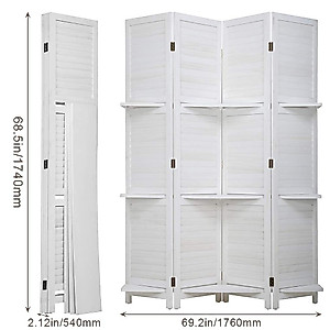 69" H Room Dividers and Folding Privacy Screens, 4 Panel Wooden Room Divider, Partition Room Dividers with 3 Removable Storage Shelves, Portable Room Divider for Home Office Bedroom Divider, White