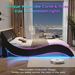DICTAC King Led Bed Frame Modern Faux Leather Low Profile Platform Bed Frame King Size with RGB LED Lights and Headboard Wave Like Curve King Bed Frame,Wood Slats Support,Easy Assembly,Black