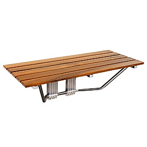 36" ADA Compliant Foldable Teak Wood Shower Seat Bench, 400lb Capacity, Clear Coated for Extra Protection, Folding Wall Mount Modern Chrome, Medical Fold Up Bathroom Stool Chair