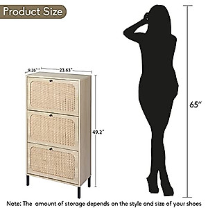 Pvillez Natural Rattan Shoe Cabinet, Modern Free Standing Shoe Racks Storage Cabinet with 3 Flip Drawers and Storage Shelves, Narrow Shoe Rack Cabinet for Entryway, Hallway, Bedroom, Natural