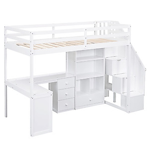 Bellemave Twin Size Loft Bed with Desk and Stairs Wood Loft Beds with Storage Cabinet and Bookcase High Loft Bed Frame with Staircase Shelves for Kids, Teen, Boys, Girls, White