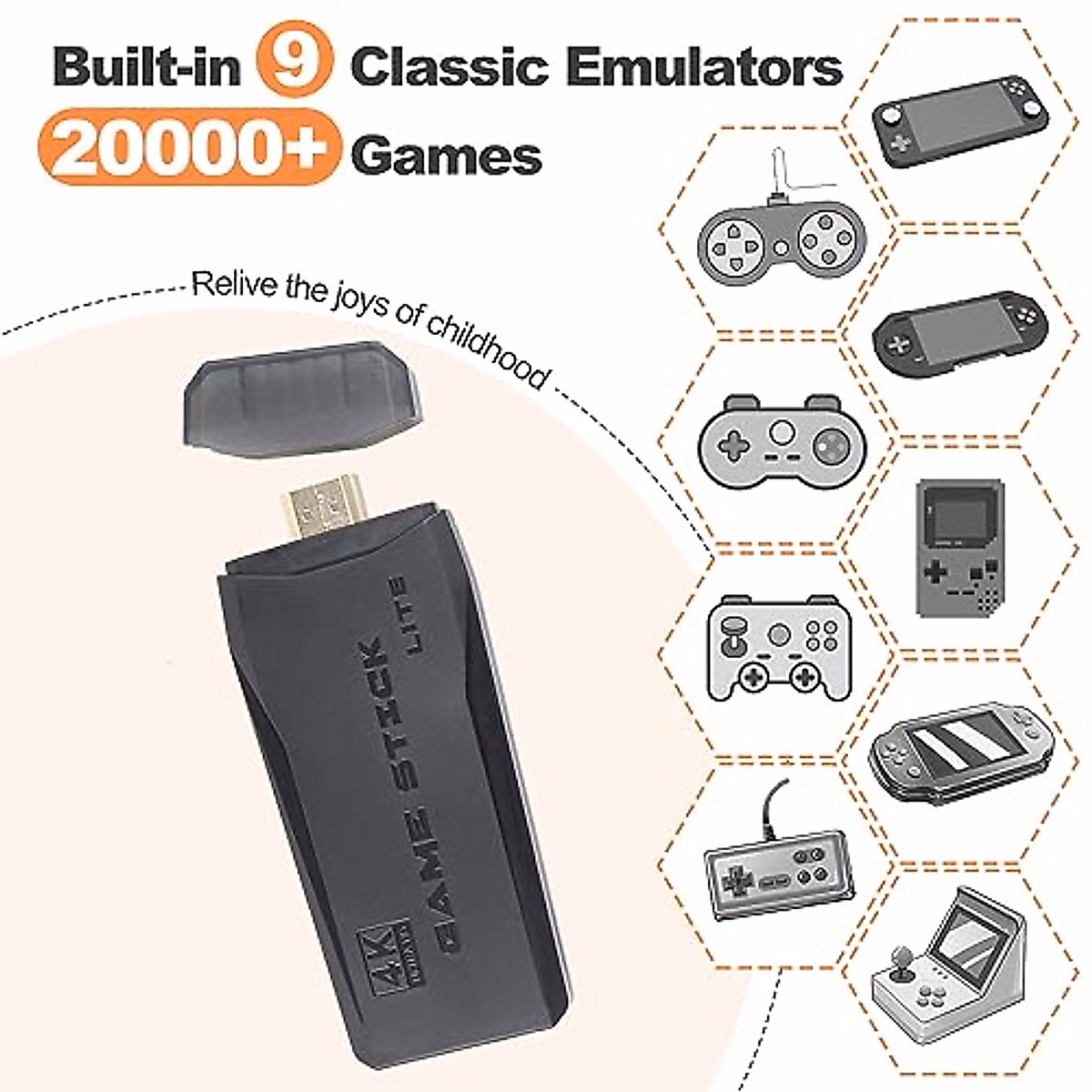 LINIREAU Retro Game Stick - Revisit Classic Games with Built-in 9 Emulators, 20,000+ Games, 4K HDMI Output, and 2.4GHz Wireless Controller for TV Plug and Play (64 G)