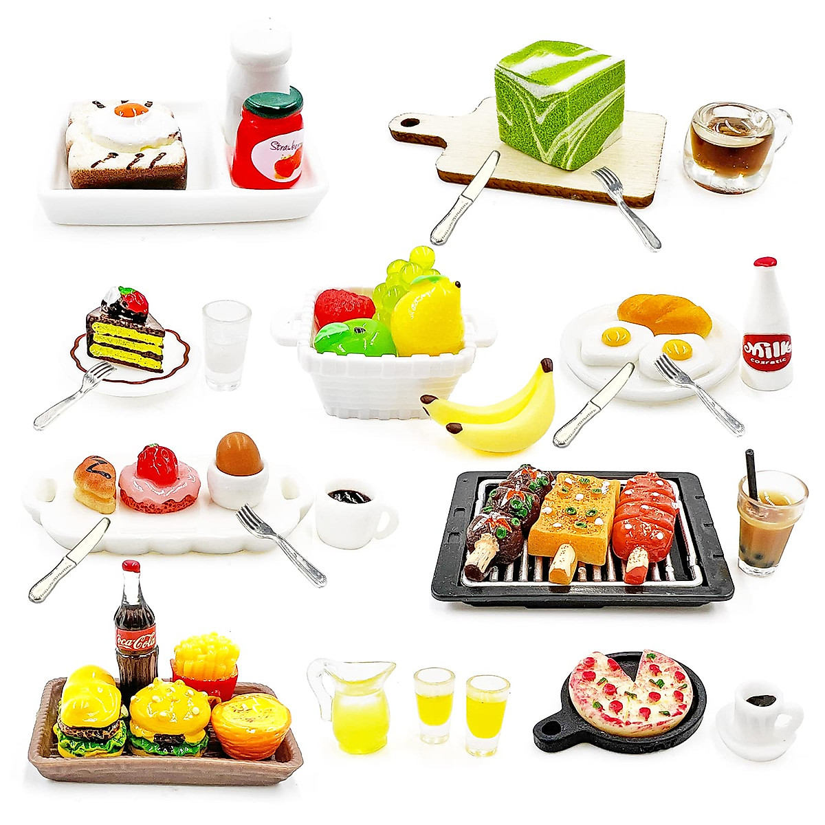 10 Set 50 Pieces Miniature Food Fits Doll Accessories Mini Drink Milk Hamburger Fries Cola Juice Plate Knife Fork Spoon Dessert Cake BBQ Milk Tea Fruit Fast Set Pretend Kitchen Play Toys Dollhouse