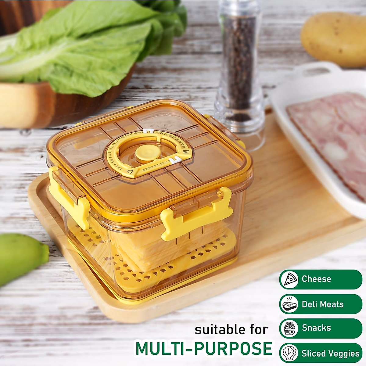 Sliced Cheese Container with Airtight Lid for Mini Fridge BPA-Free Kitchen Plastic Storage Deli Cheese Slices Stackable Store Date Record Function Keeps Cheese Fresh Longer (Yellow)