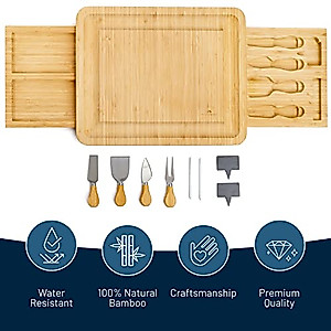 RoyalHouse Unique Bamboo Cheese Board and Knife Set with 2 Slide-Out Cutlery Drawers - Charcuterie Boards Set & Cheese Platter - Ideal Anniversary, Wedding and Housewarming Gift