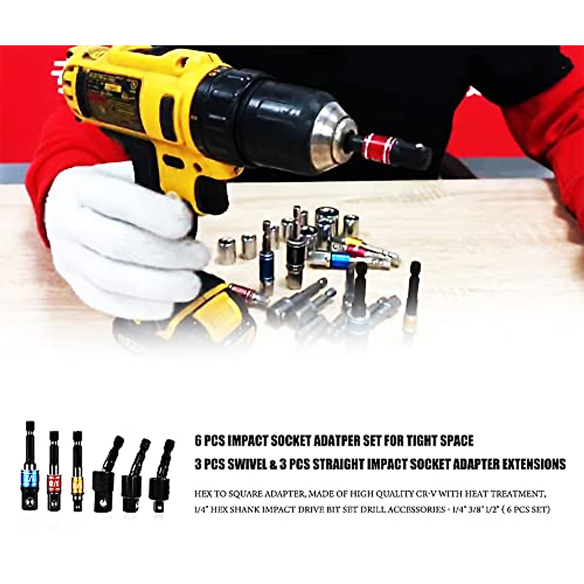 Uayeatye Drill Bit Holder Set-6 PCS Impact Socket Adapter Set 1/4” 3/8” 1/2” Hex Shank 3 Swivel Impact Driver Bit Set Socket Holder+3 Straight Drill Bit Extension Attachments, Drill Accessories-BCS6