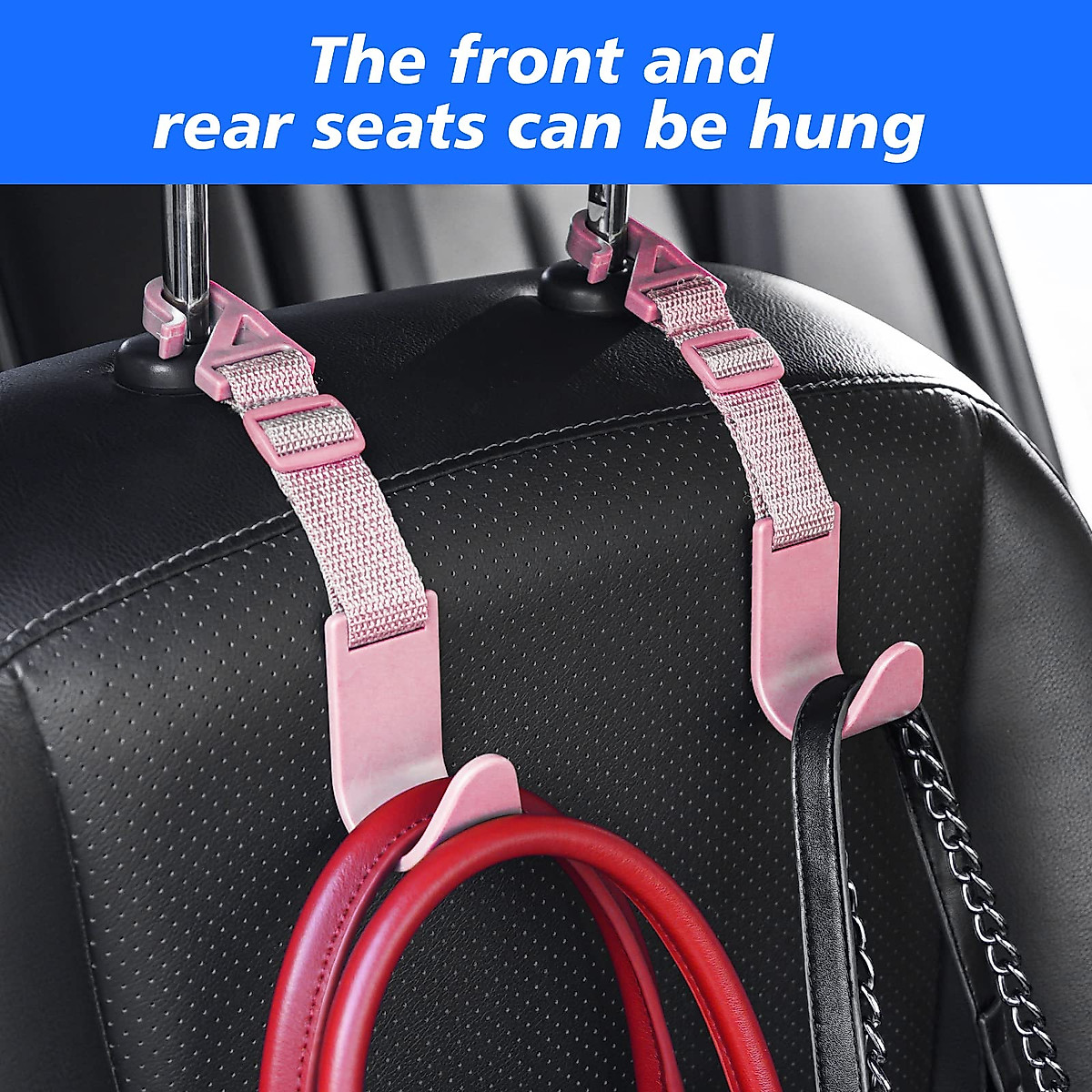 Flymic Adjustable Car Seat Headrest Hook, Universal Car Storage Headrest Hanger Holder Hooks Organizer, Vehicle Strong and Durable Backseat Hanger for Handbag Purse Coat 4 Pack Pink
