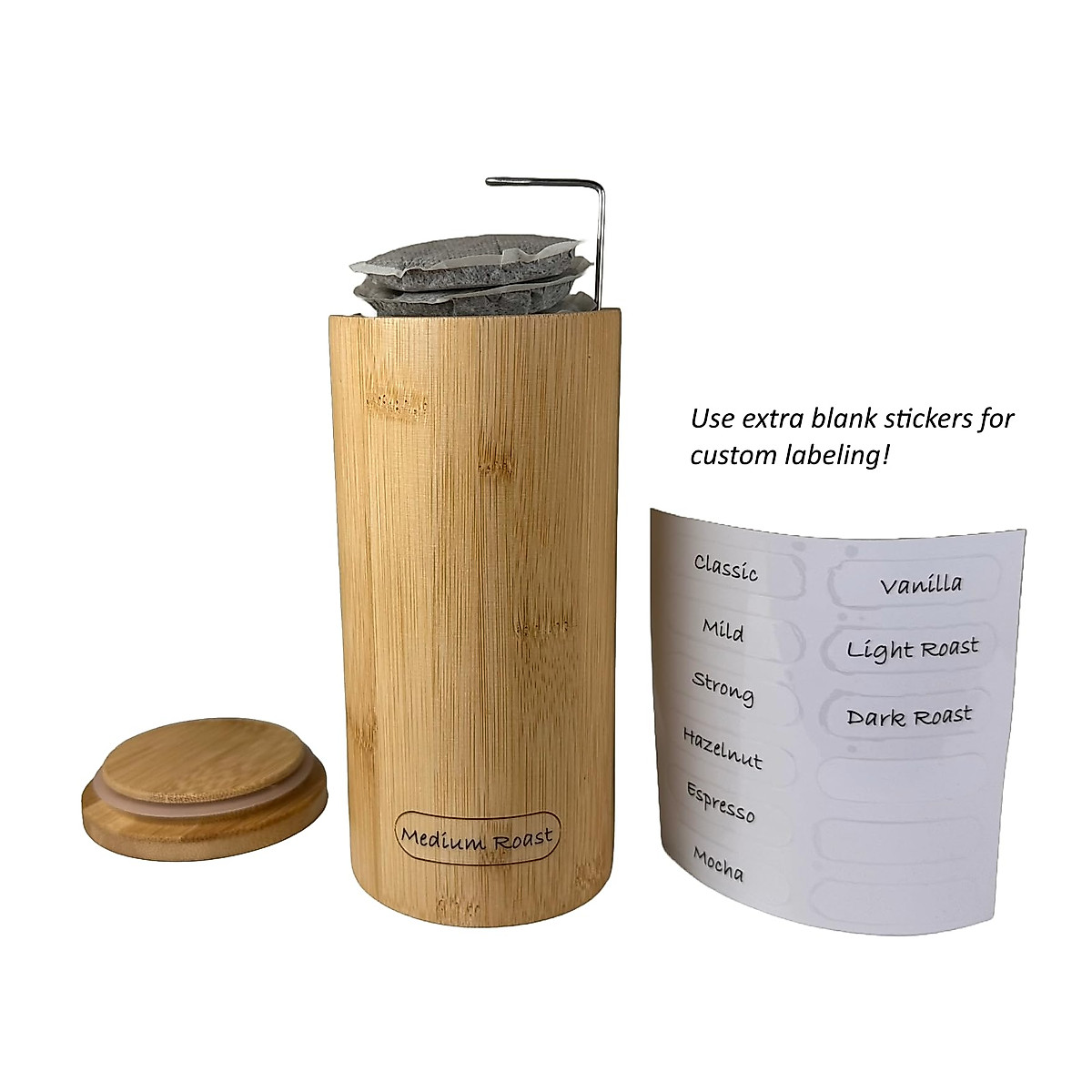 2Droids Air-tight bamboo container for coffee pods, coffee pads, coffee grounds, coffee beans. Compatible with Senseo, Hamilton Beach, Illy, and other pantry items. [Pack of 1]