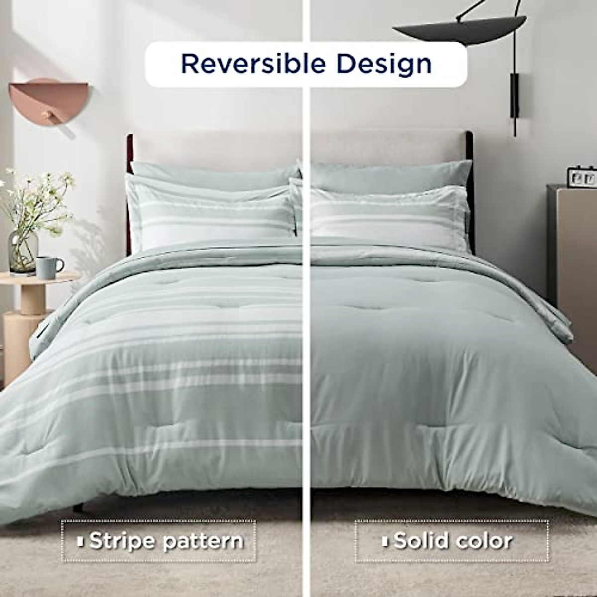 Bedsure Bed in a Bag Queen Size 7 Pieces, Sage Green White Striped Bedding Comforter Sets All Season Bed Set, 2 Pillow Shams, Flat Sheet, Fitted Sheet and 2 Pillowcases