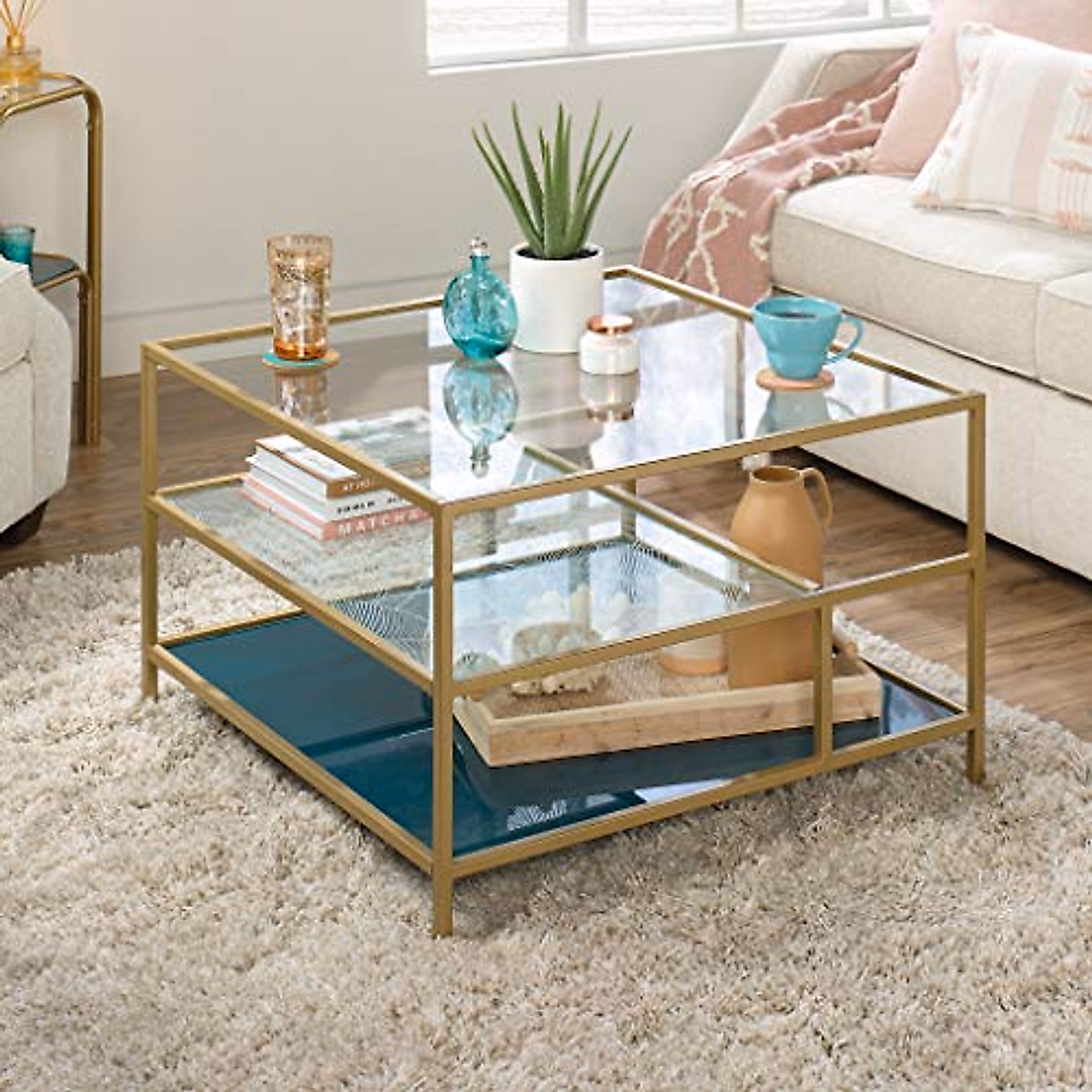 Sauder Coral Cape Coffee Table, L: 29.53" x W: 29.53" x H: 18.9", Satin Gold Finish