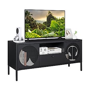 TV Stand Retro Record Cabinet Metal Storage Cabinet Cupboard Console Table Entertainment Center with Storage Cabinet Sideboard Buffet tv Stand Metal Locker Media Entertainment Center with Cable Hole