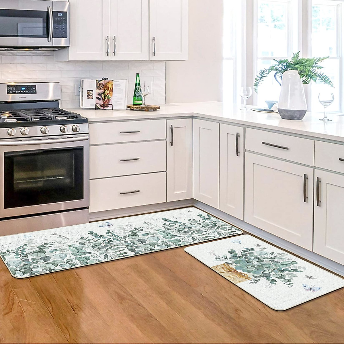 Artoid Mode Eucalyptus Vase Butterfly Summer Kitchen Mats Set of 2, Spring Home Decor Low-Profile Kitchen Rugs for Floor - 17x29 and 17x47 Inch