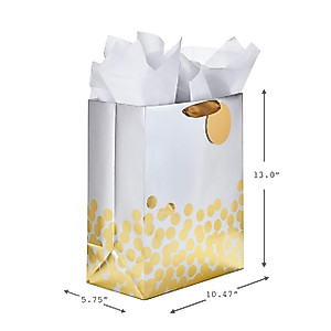 Hallmark 13" Large Gift Bag with Tissue Paper (Gold Foil Dots on Silver) for Graduations, Engagements, Bridal Showers, Weddings, Valentines Day, Holidays, Christmas, Any Occasion