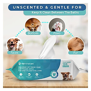 VET PRIME CARE Pet Grooming Wipes for Dogs & Cats, 8” x 8” Plant-Based, Wipes for Cleaning & Deodorizing, Suitable for Pets Body Like Face, Paws, Belly, and Butt, Unscented - 100 Count