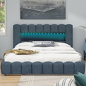 HAUSHECK Upholstered Bed Frame Queen Size with Large Underneath Storage, LED Headboard and USB Ports, Queen Floor Bed Frame w/Wooden Slats Support, Modern Platform Bed No Box Spring Needed