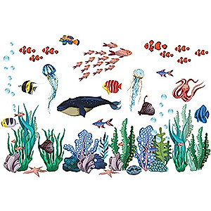 RW-1029 3D Removable Ocean Animals Wall Decals Under The Sea Animals Wall Stickers Fish Whale Seaweed Coral Decals DIY Marine Animals Sea View Wall Art Decor for Kids Baby Bedroom Living Room Nursery