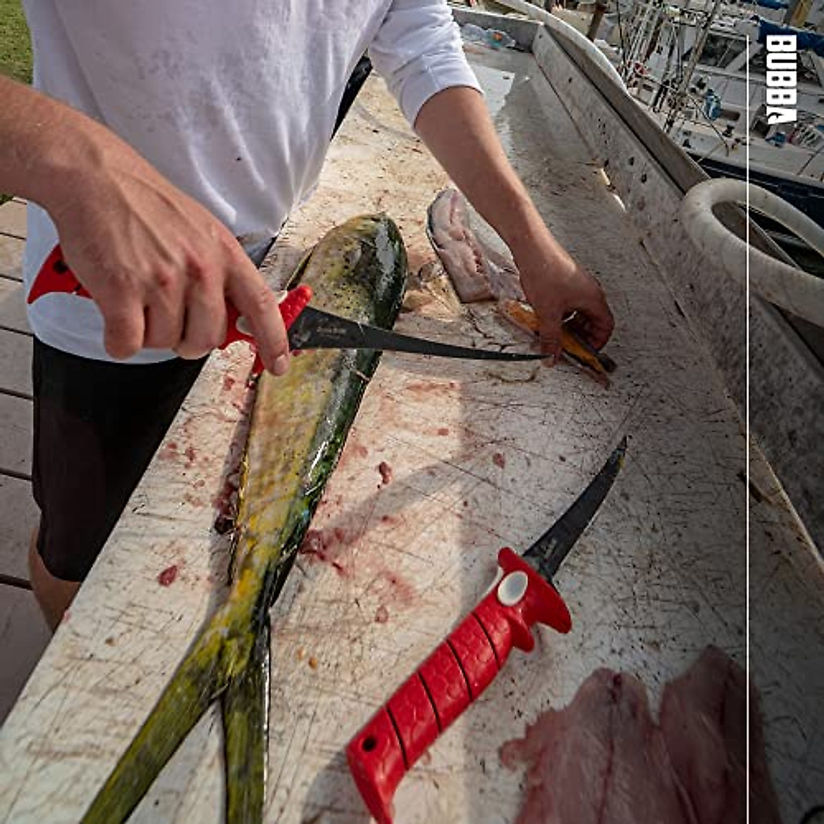 BUBBA 8 Inch Ultra Flex Tapered with Non-Slip Handle, Full Tang Stainless Steel Non-Stick Blade, Lanyard Hole and Synthetic Sheath for Fishing, Boating and Hunting