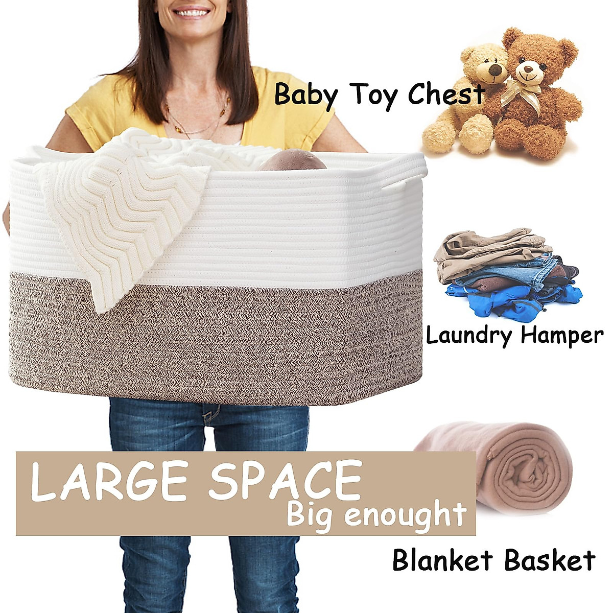 COMFY-HOMI Large Laundry Basket for Organizing|Rectangle Cotton Rope Storage Basket with Handles|Blanket Basket for Living Room|Woven Laundry Basket for Towels, Toys, Clothes-22x15x12”-White/Brown