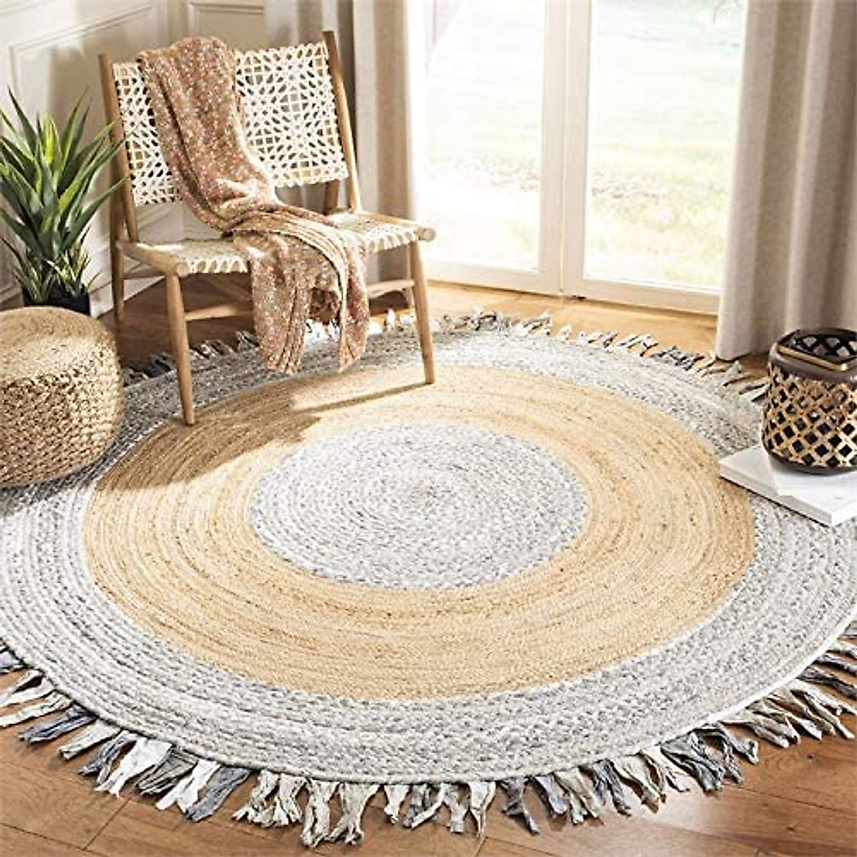 SAFAVIEH Cape Cod Collection 3' Round Light Grey / Natural CAP701F Handmade Boho Fringe Jute & Cotton Area Rug