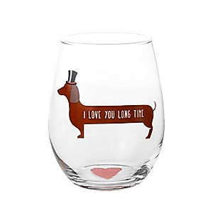 Drinking Divas - I Love You Long Time - 15oz Stemless Dachshund Dog Wine Glass – Birthday Mother's Dayand Christmas Weiner Dog Gifts | Funny Wine Glasses with Sayings for Dog Lovers