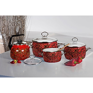 HOMEHUT Traditional Khokhloma Vitross Imperio Enamelware Pot - Durable Enameled Steel Heat-Resistant Stock Pot Set with Glass Lid, Hygienic and Dishwasher Safe 4L