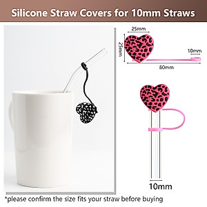 3Pcs Leopard Print Heart Silicone Straw Cover Cap for Stanley 40oz & 30oz Tumbler, 10mm Reusable Cute Drinking Straw Topper Accessories