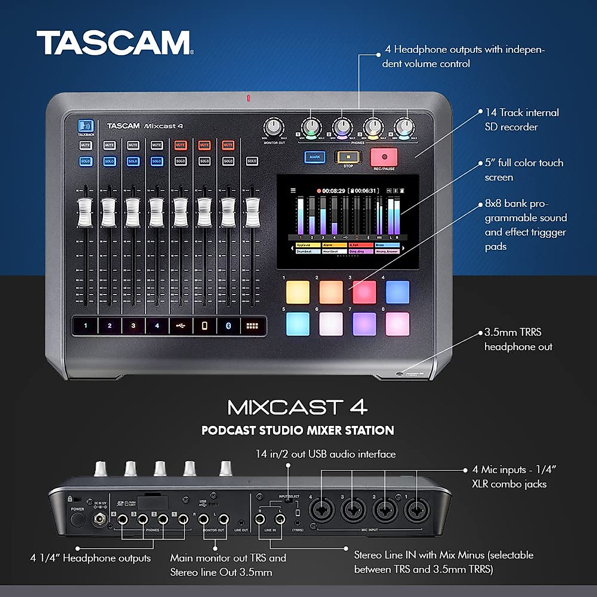 Tascam Mixcast 4 S Podcast Studio Mixer Station with Built-in Recorder/USB Audio Interface, 8 Sound-effect, Records 14 Tracks, comes w/ Deluxe 4S Accessories Bundle
