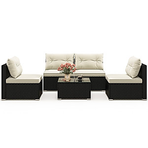 Tangkula 5 Piece Rattan Sofa Set, Patiojoy Outdoor Wicker Furniture Set with Seat & Back Cushions, Square Coffee Table, Patio Sectional Sofa Set for Backyard, Poolside, Garden
