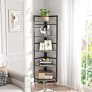 QNICE 5 Tier Industrial Corner Shelf Stand, Tall Rustic Coat Rack, Wood and Metal Corner Shelving (Dark Grey Oak)