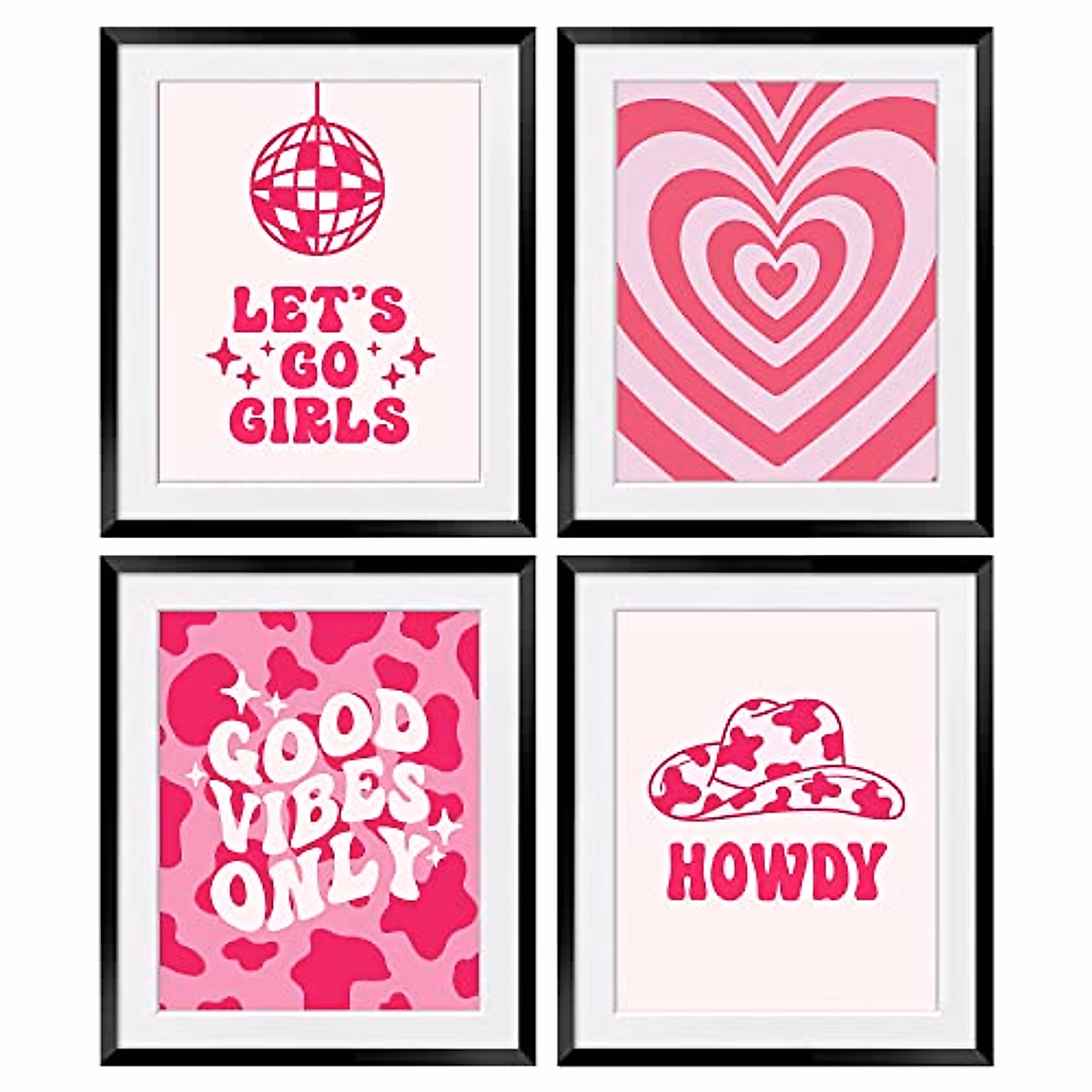 OGILRE Pink Abstract Disco Ball Let's Go Girls Howdy Good Vibes Only Preppy Wall Art Decorations Prints, Cowgirl Hat Hearts Boho Poster, 8x10 Inch 4 Set UNFRAMED