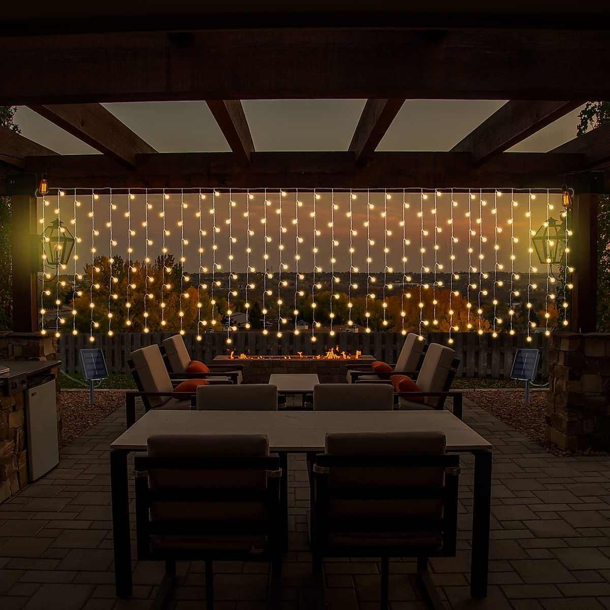 MANBOO LED Curtain Crystal Lights 6.6ft X 5ft 150 Crystal Balls Warm White, Solar Panel with Indicator, Waterproof Outdoor Icicle String Lights for Xmas Patio Garden Party Lawn Balcony Fence Decor