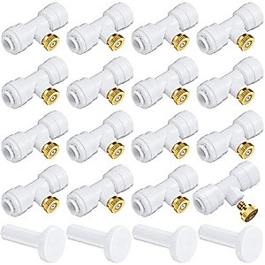 16 Pieces Brass Misting Nozzles Kit Atomizing Nozzle Kit 0.4 mm Orifice 2 Points 1/4 Inch Lock Misting Nozzles with 4 Pieces Plug for Patio Misting System Outdoor Cooling System Garden Water