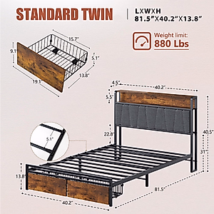 SogesSleep Twin Bed Frames with Headboard, Upholstered Twin Size Bed Frames with Storage and Charging Station & LED Lights, No Box Spring Needed Bed Frame, Noise Free & Easy Assembly