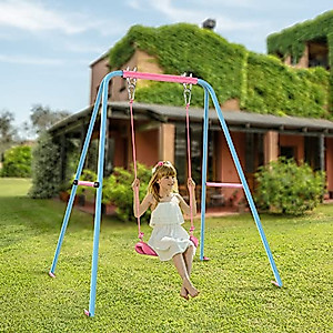 Kiriner Swing Set Outdoor Swings for Kids Toddlers with Waterproof Metal A-Frame, 4 Anchors, Two Swing Seats Swing Sets for Backyard Playground Pink&Blue