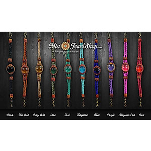 Mia Jewel Shop Round Glass Bead Cat's Eye Cabochon Braided Dyed Leather Bracelet - Womens Fashion Handmade Jewelry Boho Accessories (Olive)