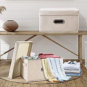 HONGKERNE Linen Fabric Storage Bin with Lid[1-Pack] Foldable Storage Box Organizer Storage Basket with Lid Closet Storage Bins for Clothes Storage Containers for Bedroom Office Home (Cream, Small)
