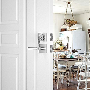 HOSOM Entrance Door Lock Set with Single Cylinder Deadbolts Combo Pack, Modern Slim Square Door Lever for Exterior and Interior Door, Satin Nickel