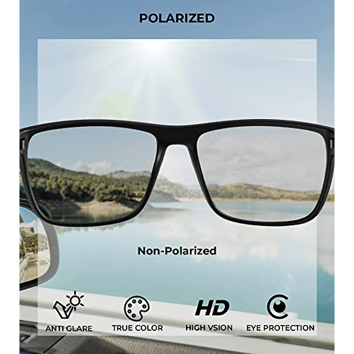 QALLY Retro Square Polarized Sunglasses for Men UV Protection Rectangular Outdoors Sunglasses with Trendy Frame, Black/Blue/Tawny