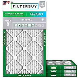 Filterbuy 14x30x1 Air Filter MERV 8 Dust Defense (4-Pack), Pleated HVAC AC Furnace Air Filters Replacement (Actual Size: 13.88 x 29.88 x 0.75 Inches)