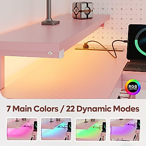Bestier L Shaped Gaming Desk with Power Outlets,58 LED Small Corner Desk with Reversible Storage Shelves,Pink Computer Desk with Headset Hooks Desk for Living Room and Dormitory