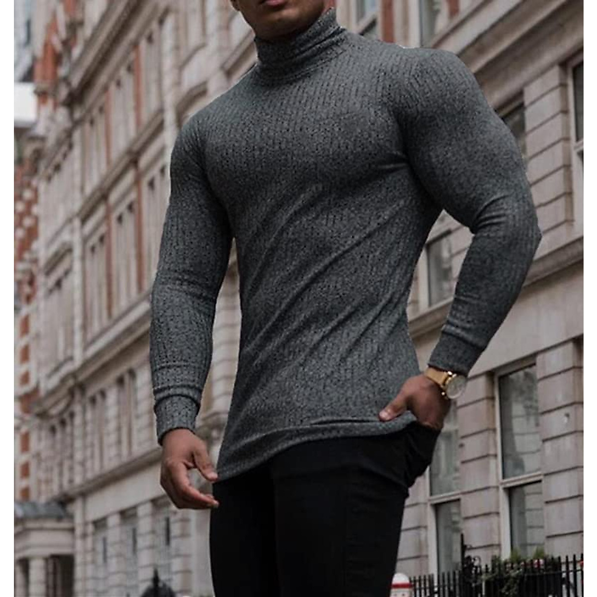 TURETRENDY Men's Stretch Muscle Tshirts Turtleneck Long Sleeve Knit Tees Casual Slim Fit Basic Shirt Tops Dark Gray M